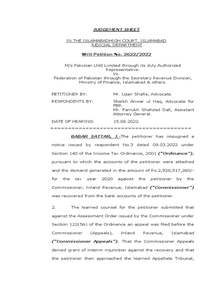 Judgement Sheet: Writ Petition No. 2622/2022 | PDF | Appeal | Taxes