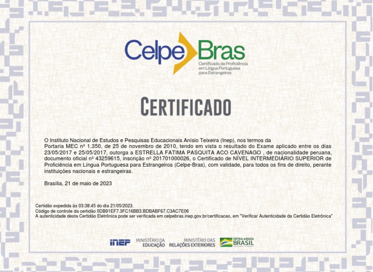 Certificado CELPE BRAS Portugues | PDF | Carreira e Crescimento | Direito