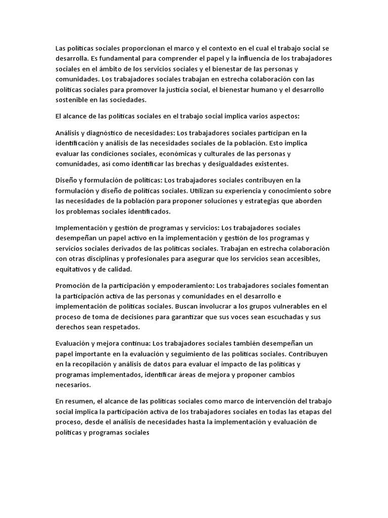 Alcance de Las Politicas Sociales en El TS | PDF Alcance de Las Politicas Sociales en El TS | PDF