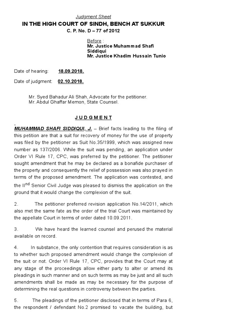 Order VI Rule 17, CPC Allowed Judgment of Shafi Siddiqui | PDF ...