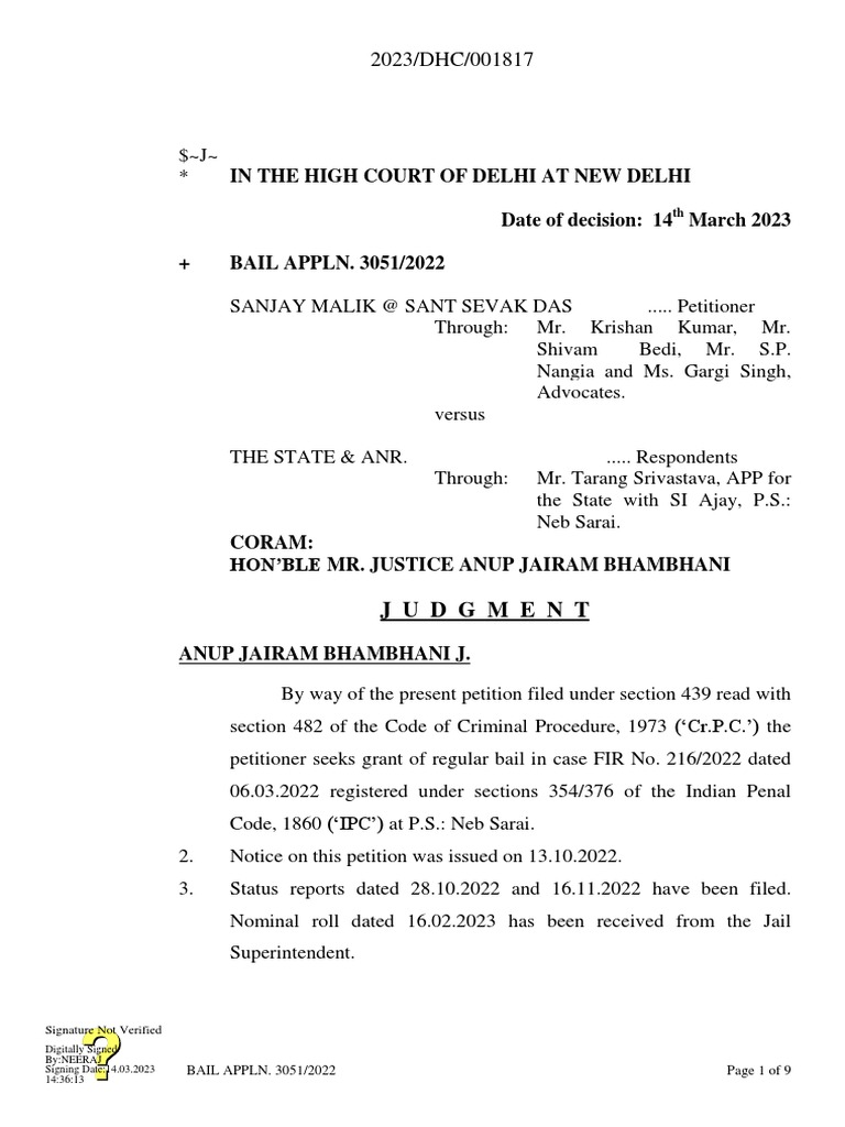 Sanjay Malik Sant Sevak Das V The State Anr | PDF | Bail | Consent