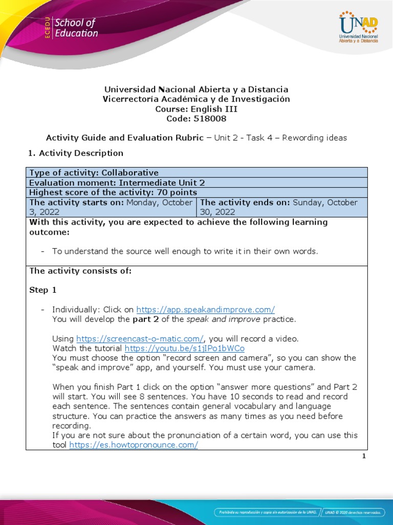 Activity Guide And Evaluation Rubric Unit 2 Task 4 Rewording Ideas Pdf Plagiarism