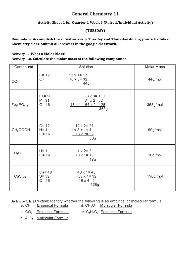 Activity Sheet for Gen Chem 1 Q1W3. Molecular and Emperical Formula | PDF | Mole (Unit) | Molecules