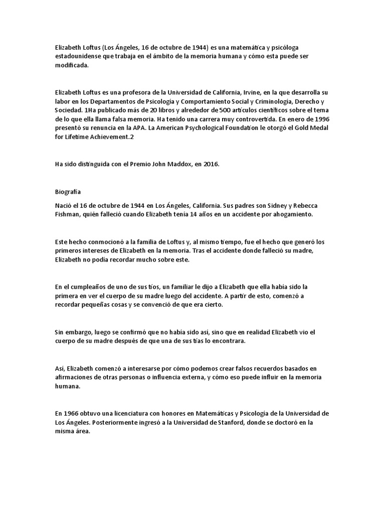 Aportes de Elizabeth Loftus a la memoria | PDF | Sicología | Ciencia ...