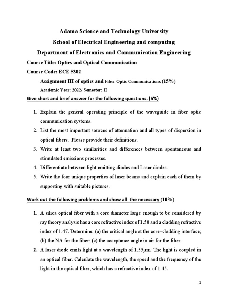 Assignment For Optical Communications | PDF | Fiber Optic Communication ...