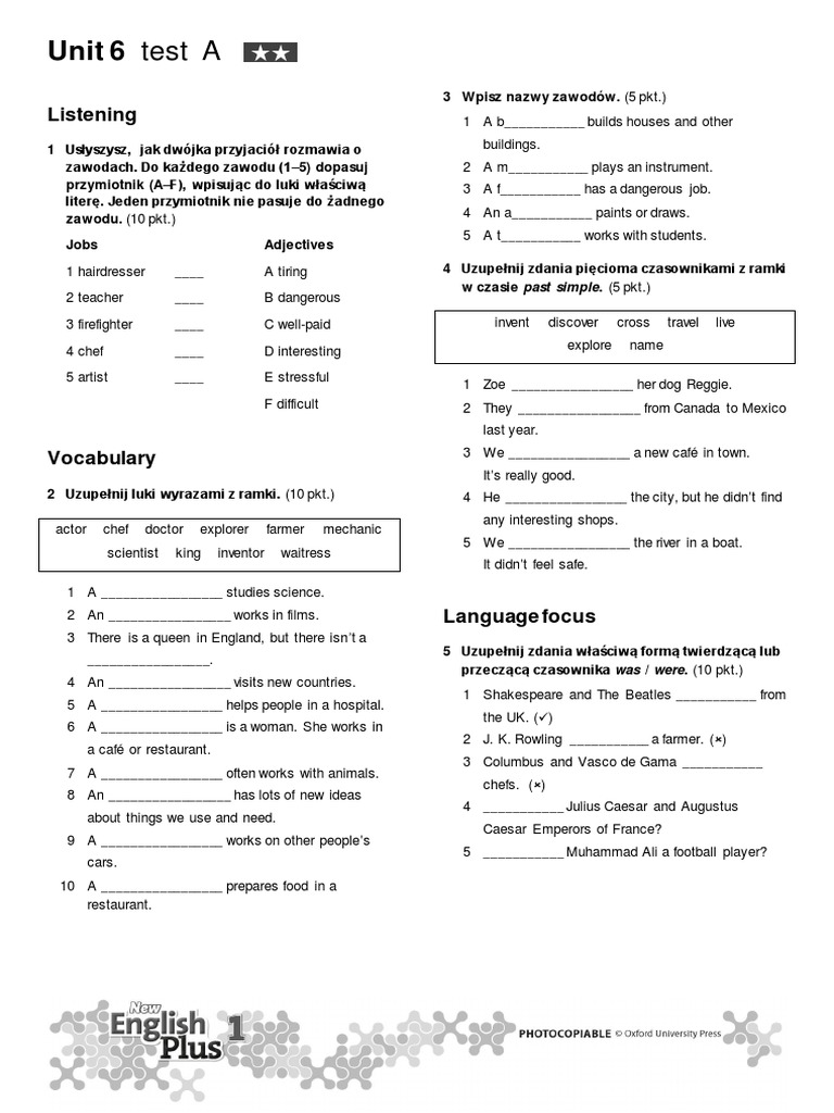 New English Plus 1 Unit 6 Standard Test A | PDF