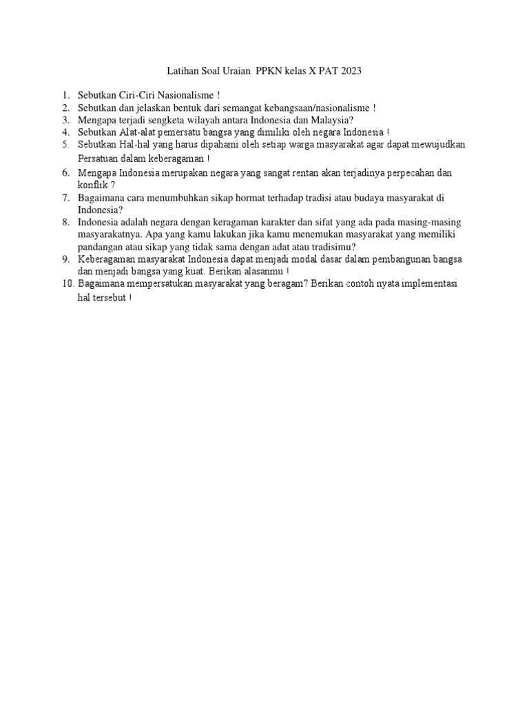 Latihan Soal Uraian PPKN Kelas X PAT 2023 | PDF