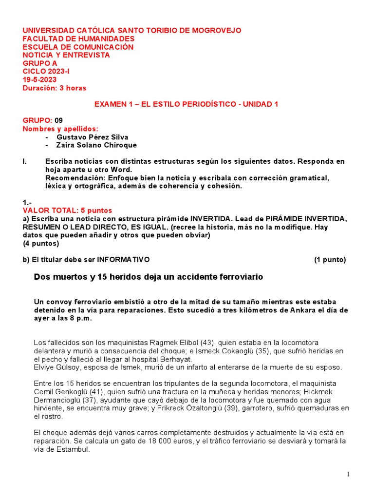 Examen 1 - Unidad 1 - El Estilo Periodístico - 18-5-2023 | PDF