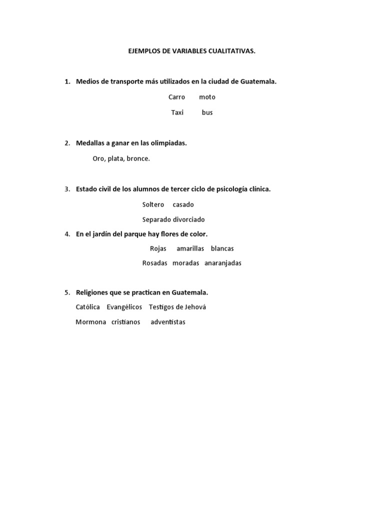 Ejemplos de Variables Cualitativas | PDF Ejemplos de Variables Cualitativas | PDF
