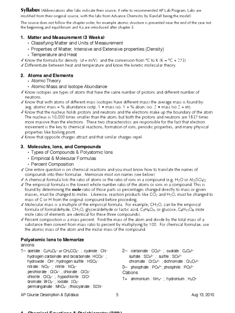 AP Chemistry Course Syllabus Overview | PDF | Gases | Chemical Bond