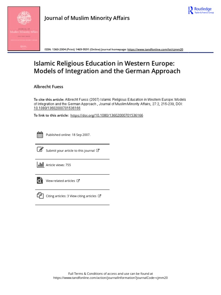 Islamic Religious Education in Western Europe Models of Integration and ...
