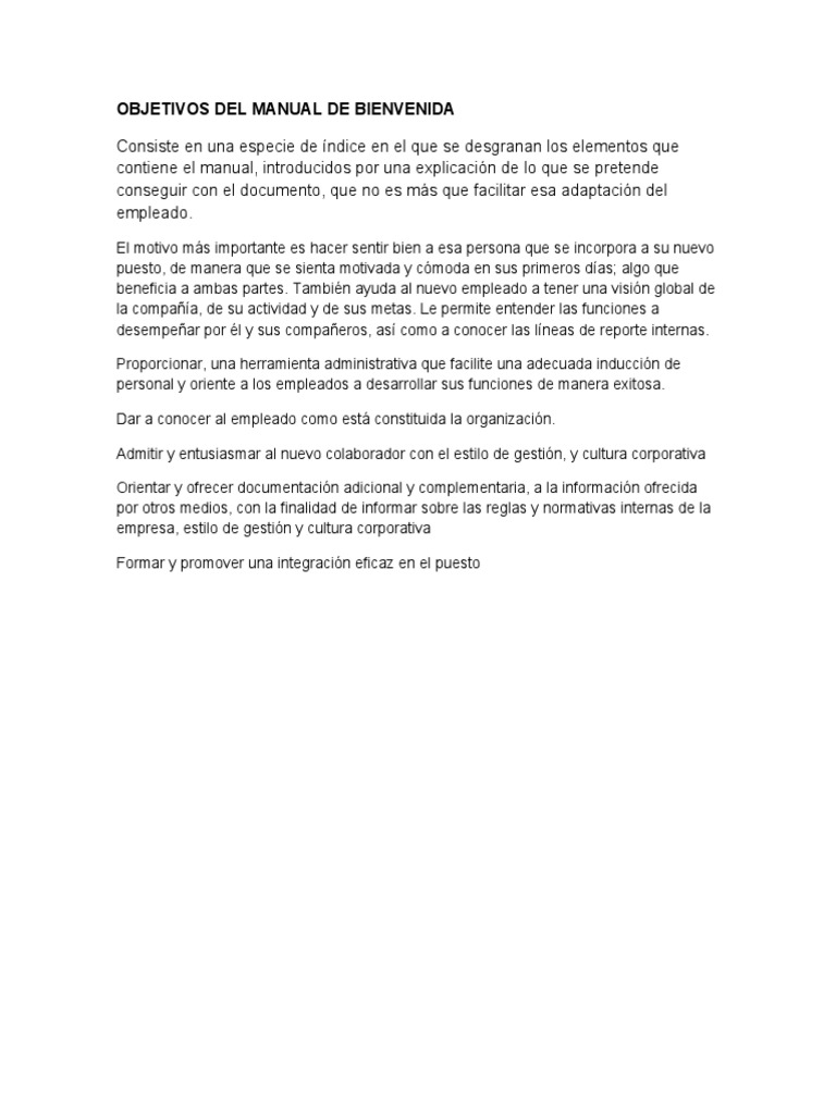 Objetivos Del Manual de Bienvenida | PDF