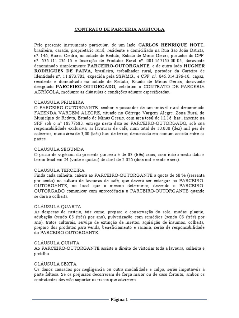 CONTRATO DE PARCERIA AGRÍCOLA Carlos H Hott X Hugner Rodrigues de Paiva | PDF | Agricultura