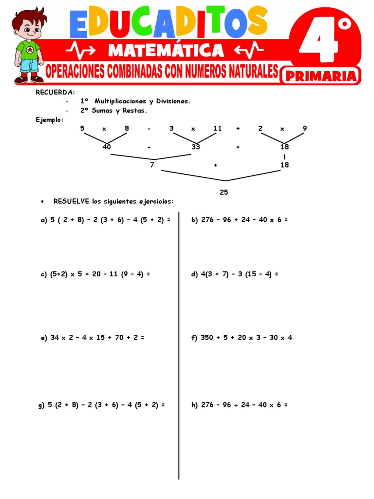 Operaciones Combinadas Con Numeros Naturales para Cuarto Grado de ...