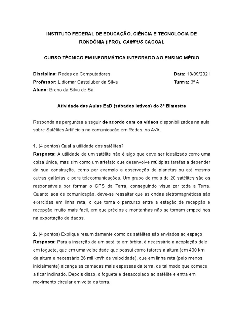 Atividade EaD - Redes Cp. - 3º Bimestre | PDF | Satélite | Terra