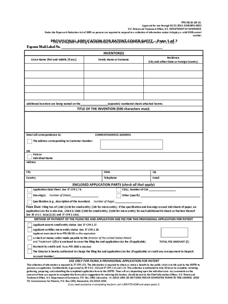 Provisional Patent Application Form | PDF | United States Patent And ...