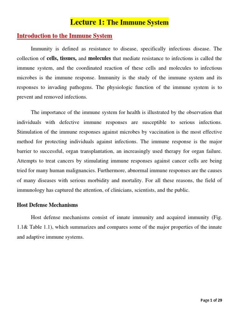 Lecture 1 - The Immune System | PDF | Lymphatic System | Lymph Node