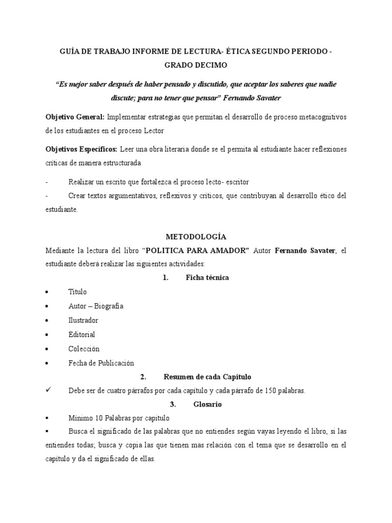 Guia de Trabajo Informe de Lectura Grado Decimo - Segundo Periodo Etica 2023 | PDF | Narración ...