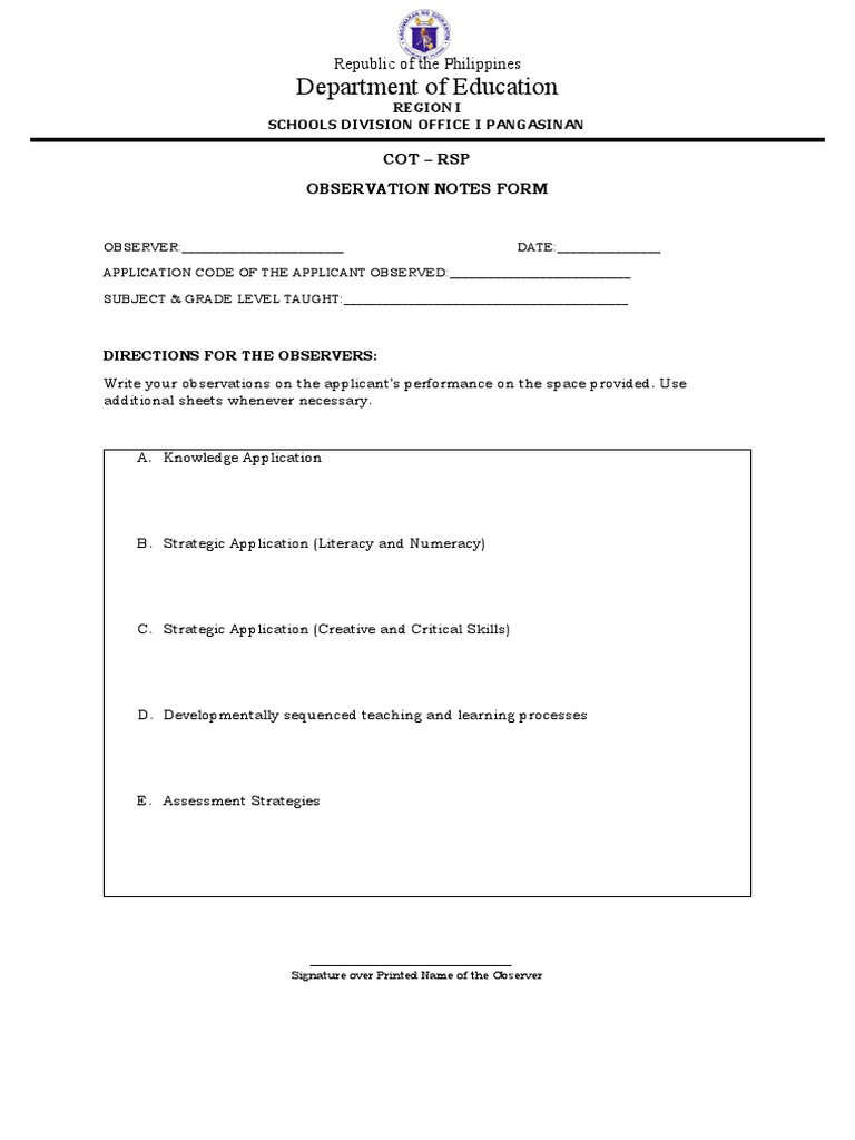 Cot-Rsp - Observation Notes Form | PDF