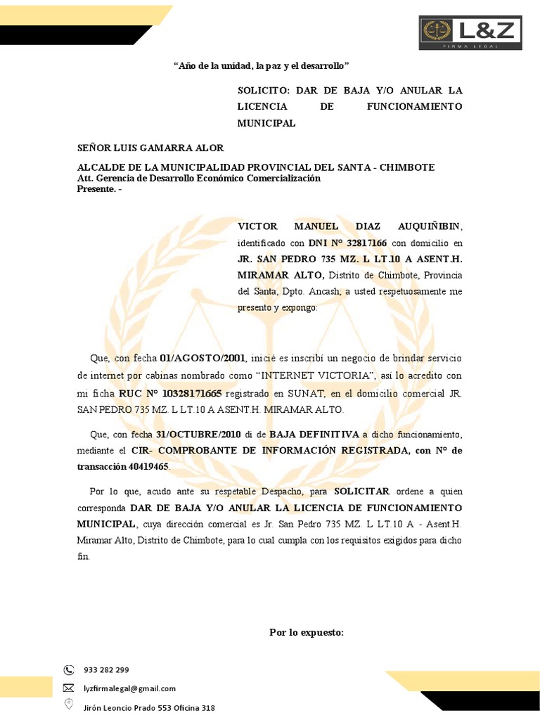 Solicitud A La Municipalidad. Cese de Funcionamiento | PDF Solicitud A La Municipalidad. Cese de Funcionamiento | PDF