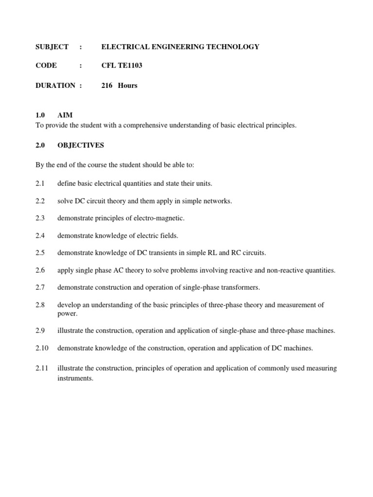 Electrical Engineering Technology Course | PDF | Electric Motor | Electrical Impedance