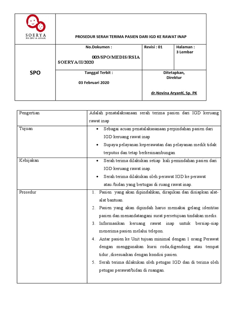 SOP (HAND OVER) serah terima pasien dari ugd ke rawat inap | PDF