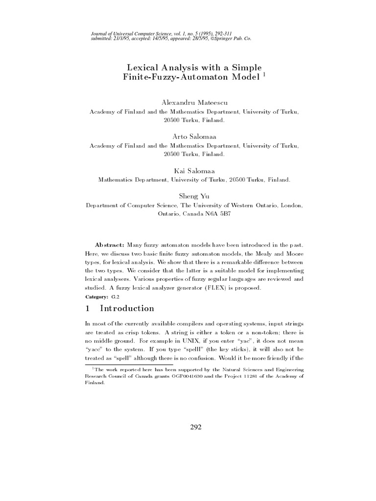 Lexical Analysis With a Simple Finite-Fuzzy-Automaton Model by Mateescu, Salomaa, Salomaa and Yu ...