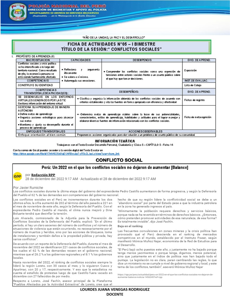 Ficha de Trabajo 5-I DPCC 5to | PDF | Aprendizaje | Perú