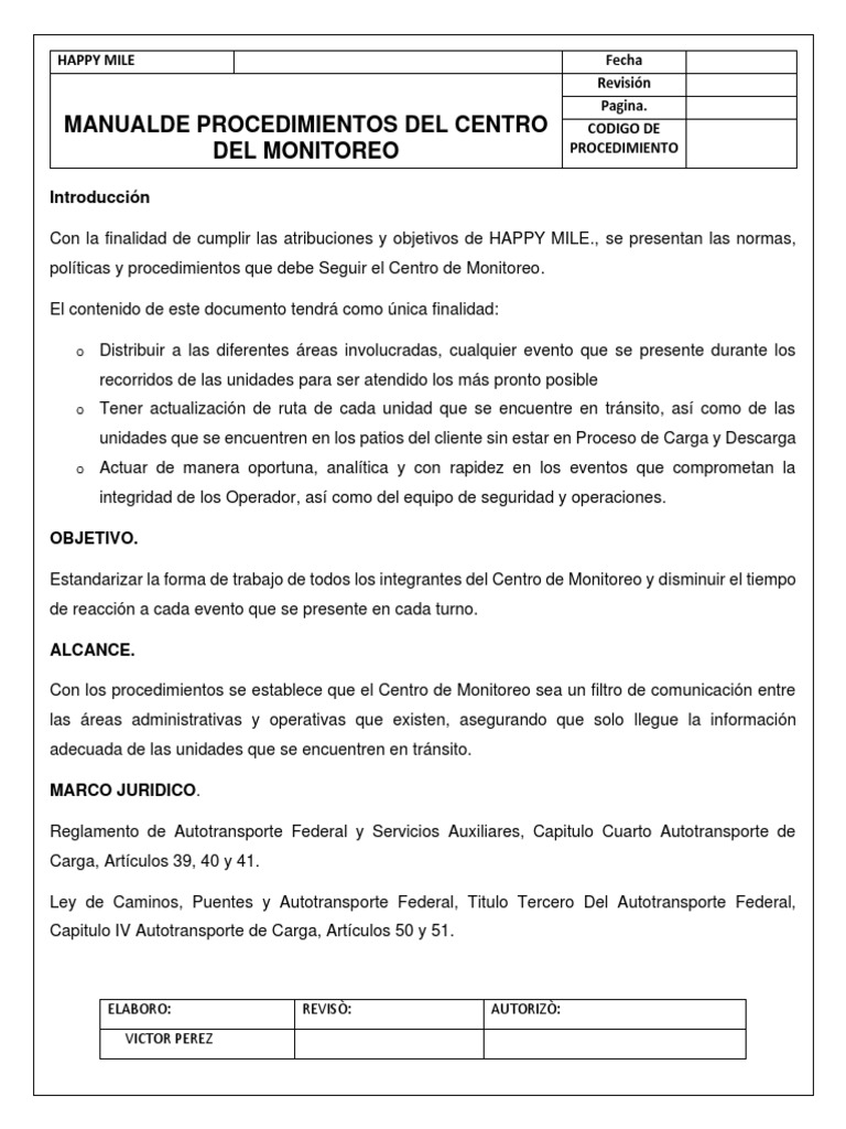 Manual de Procedimientos Del Centro de Monitoreo Happy Mile | PDF