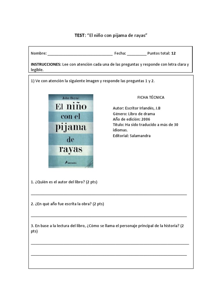 Test sobre "El niño con pijama de rayas" | PDF