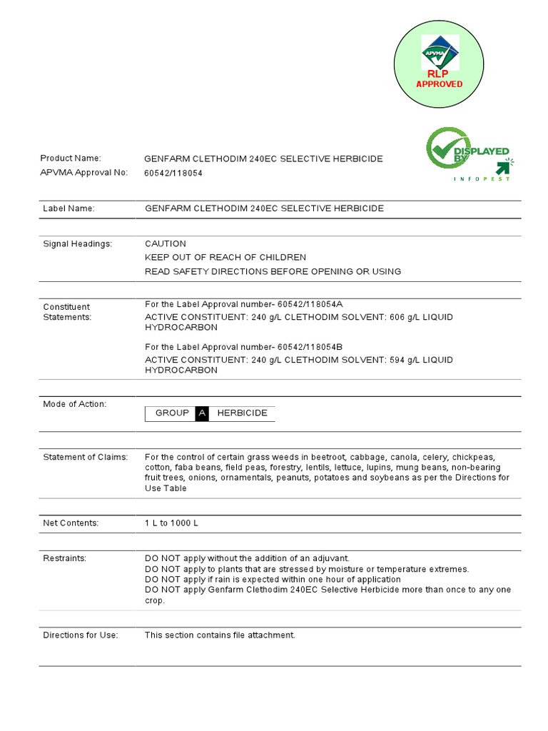 Genfarm Clethodim 240EC Herbicide Label | PDF | Herbicide | Bean