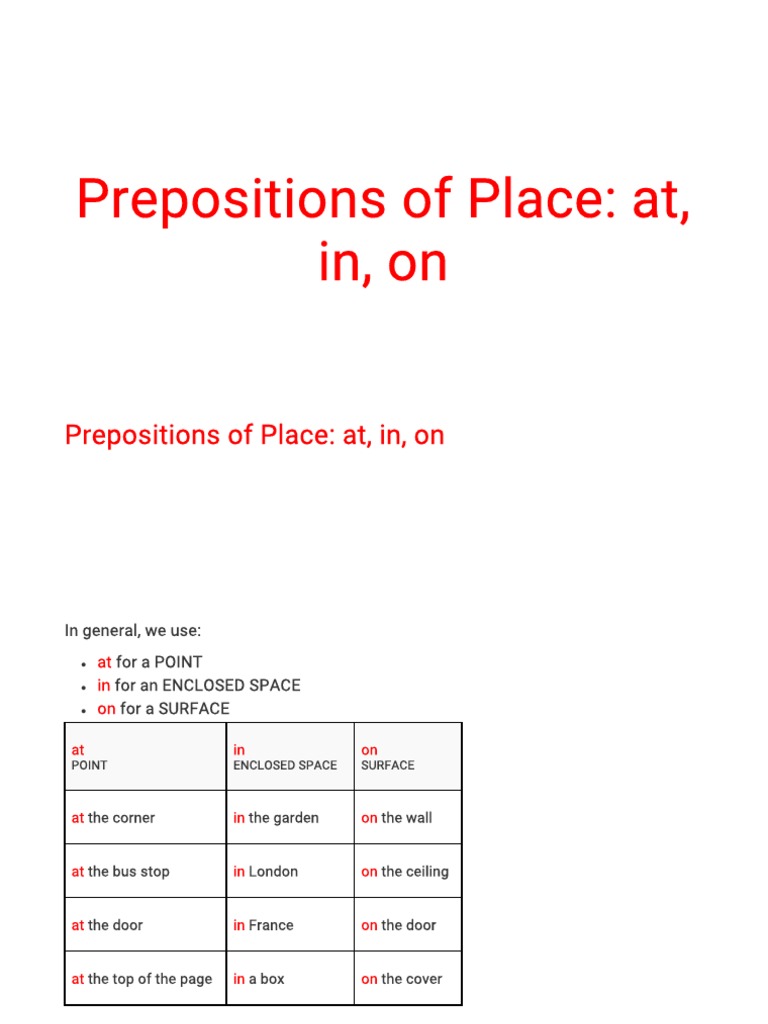 Prepositions of Place | PDF