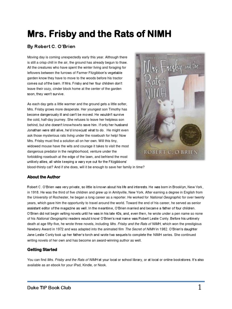 Book Club Activities Mrs Frisby and The Rats of NIMH 9.2018 | PDF ...