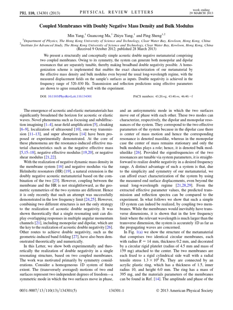 Coupled Membranes With Doubly Negative Mass Density and Bulk Modulus | PDF | Metamaterial | Waves