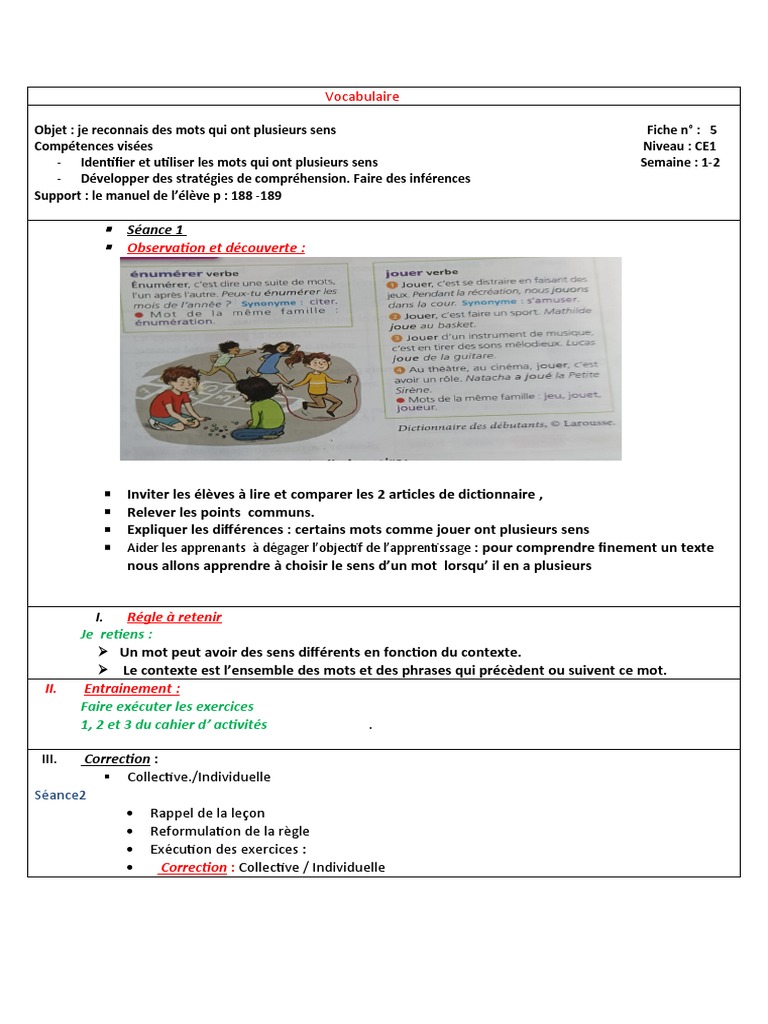 Mots à plusieurs sens en CE1 | PDF