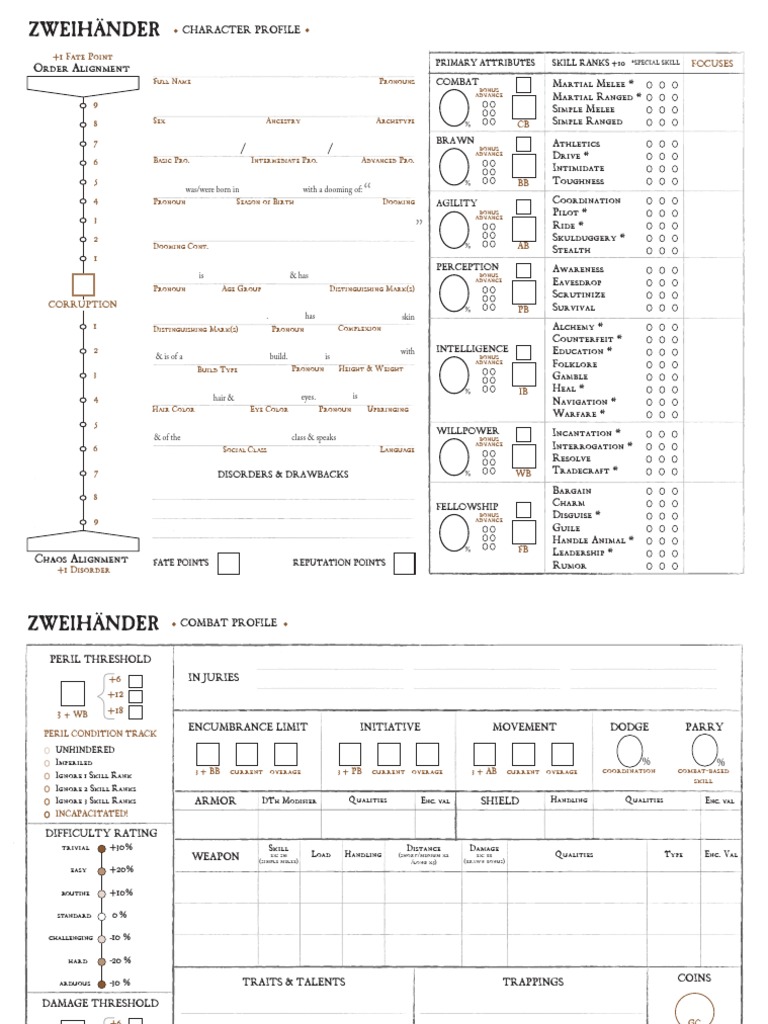 Zweihander Character Sheets - Final Horizontal | PDF | Folklore | Occult