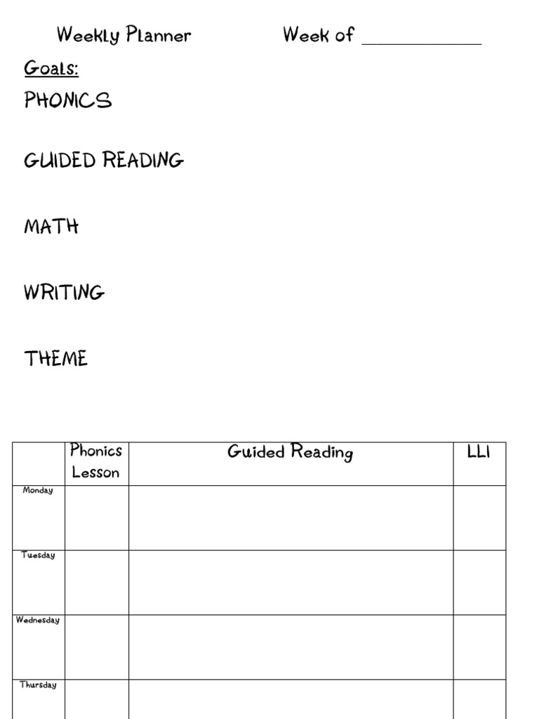 Weekly Planner Week of - Goals: Phonics Guided Reading | PDF | Language ...