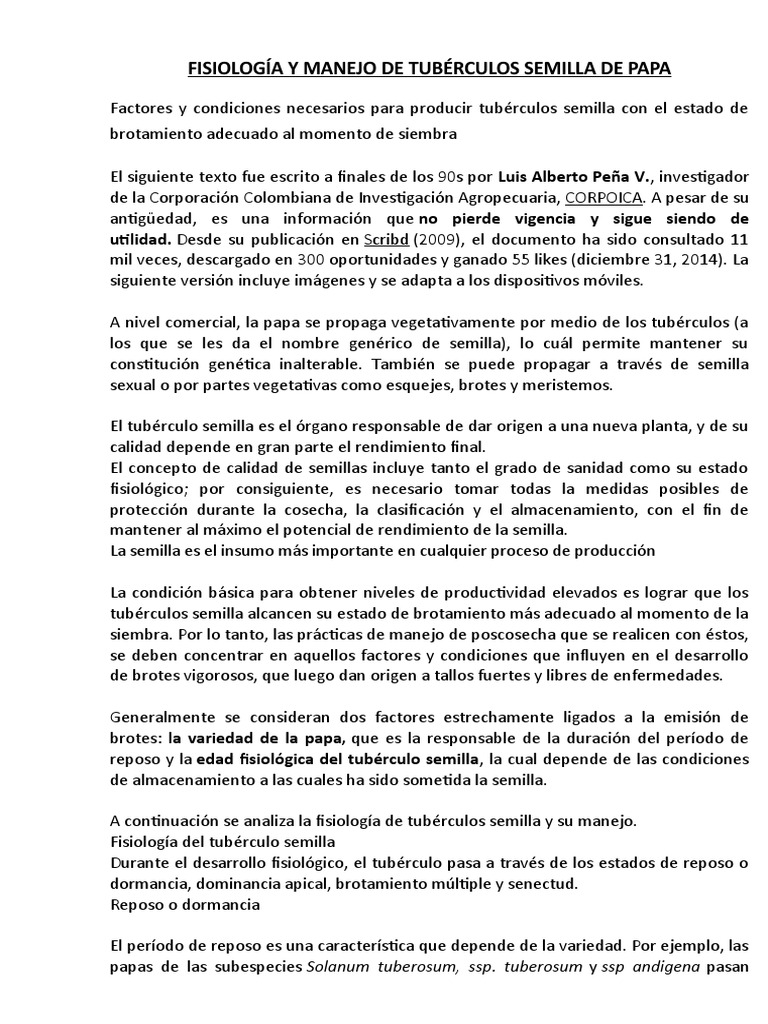 Fisiología y Manejo de Tubérculos Semilla de Papa | PDF | Patata | Semilla