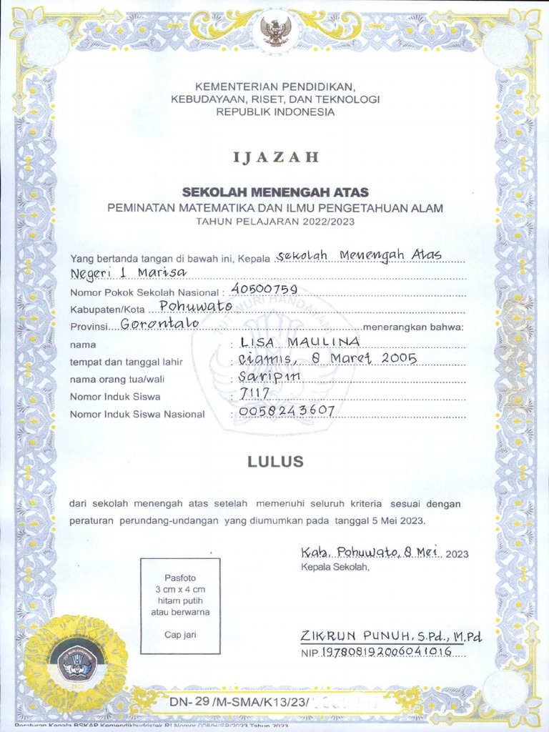 Contoh Ijazah Sma | PDF