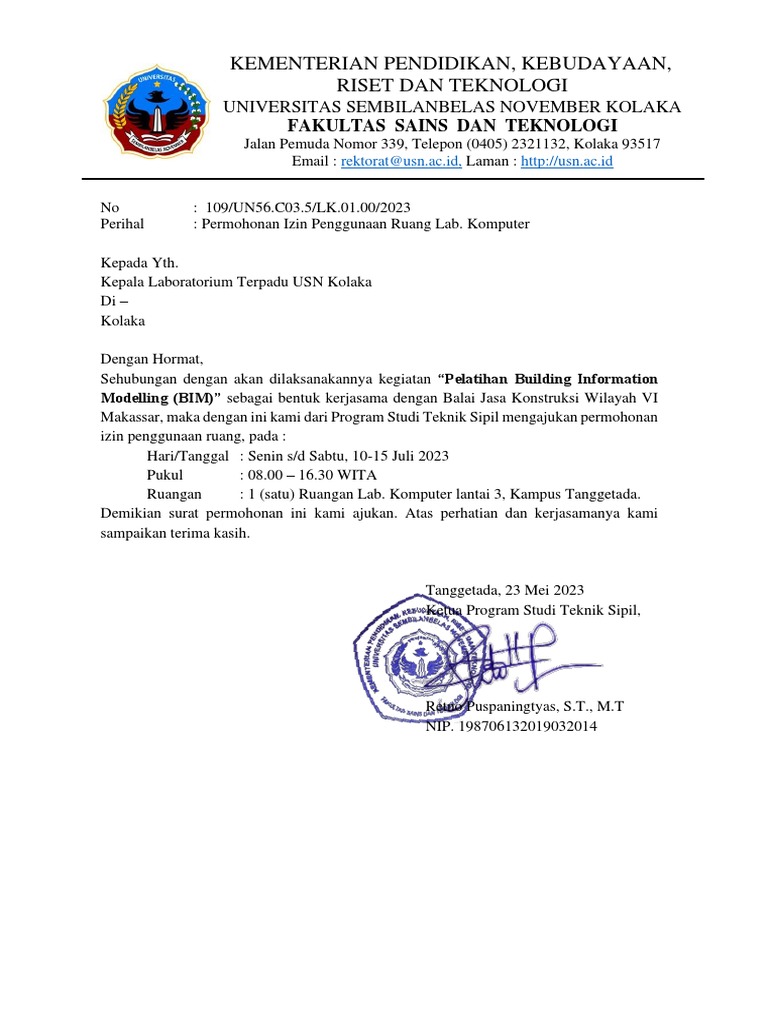 Surat Permohonan Izin Pemakaian Lab - Kom | PDF Surat Permohonan Izin Pemakaian Lab - Kom | PDF