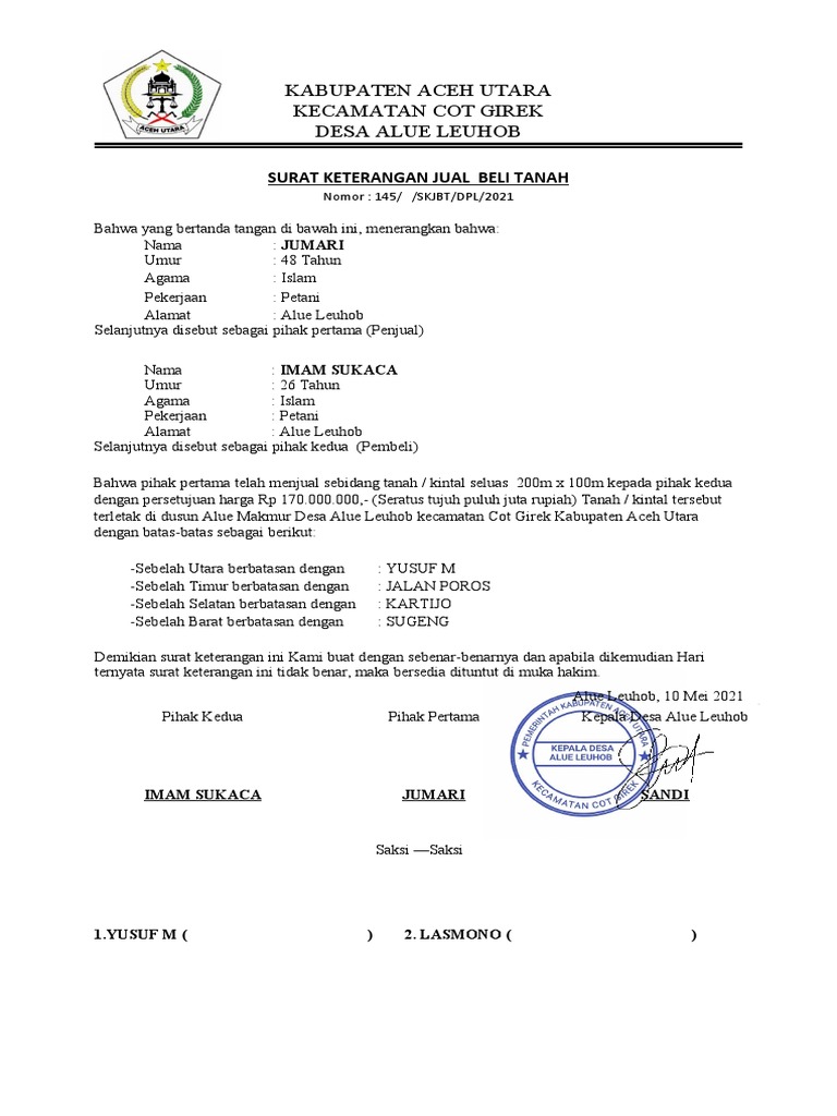 Surat Jual Beli Tanah Alue Leuhob | PDF