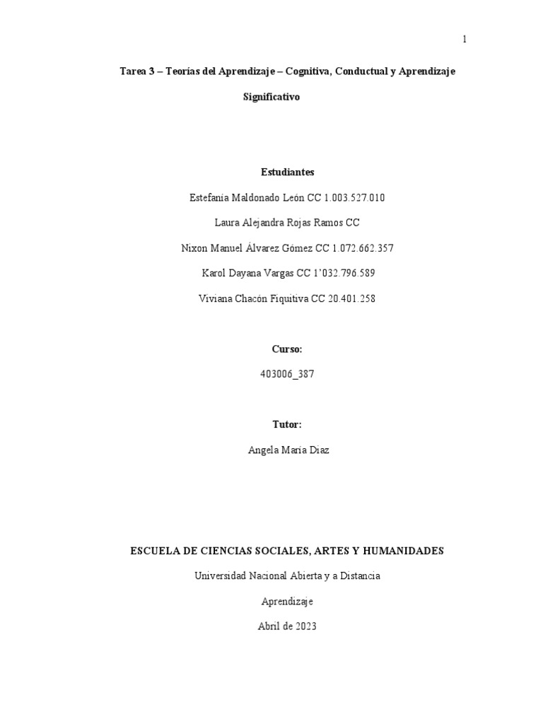 Tarea 3 - Teorías Del Aprendizaje - Cognitiva, Conductual y Aprendizaje Significativo | PDF ...