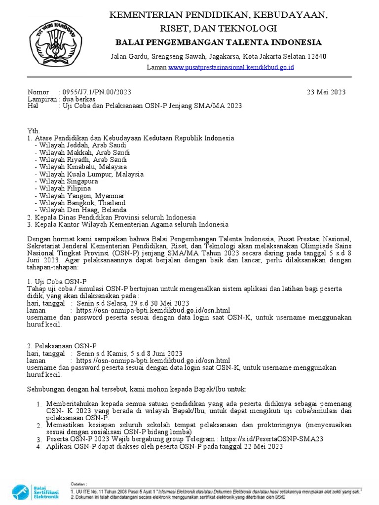 Surat Pemberitahuan Uji-Coba-dan-Pelaksanaan OSNP Tahun 2023 | PDF