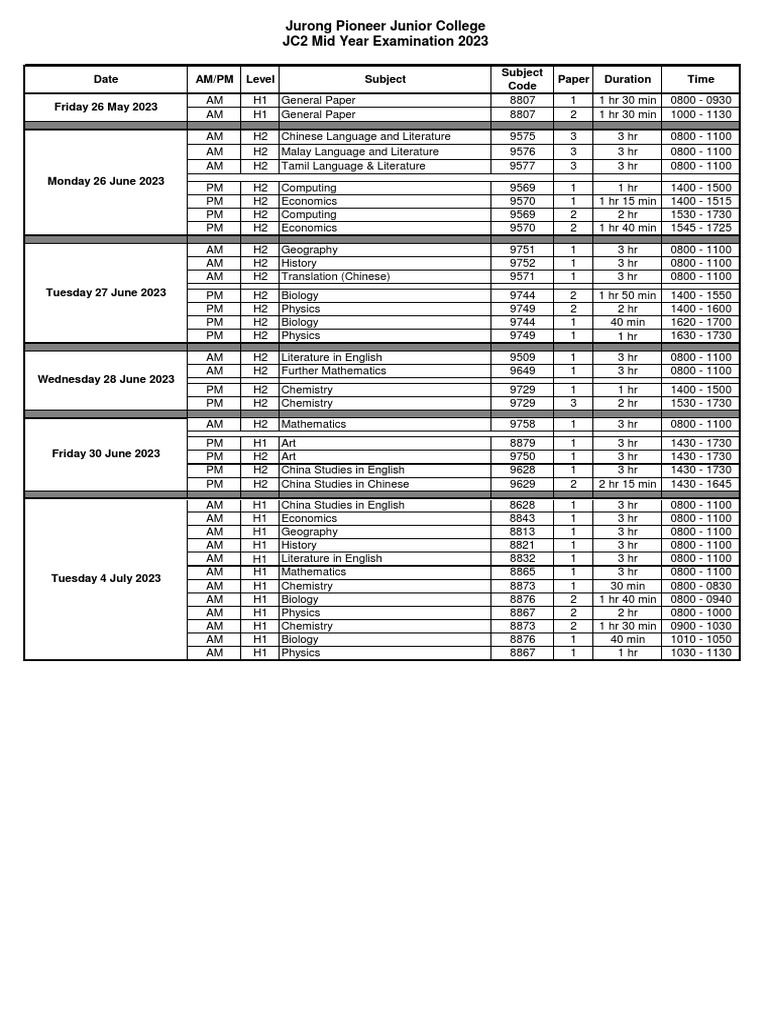 2023 JC2 Mid Year Exam Timetable | PDF