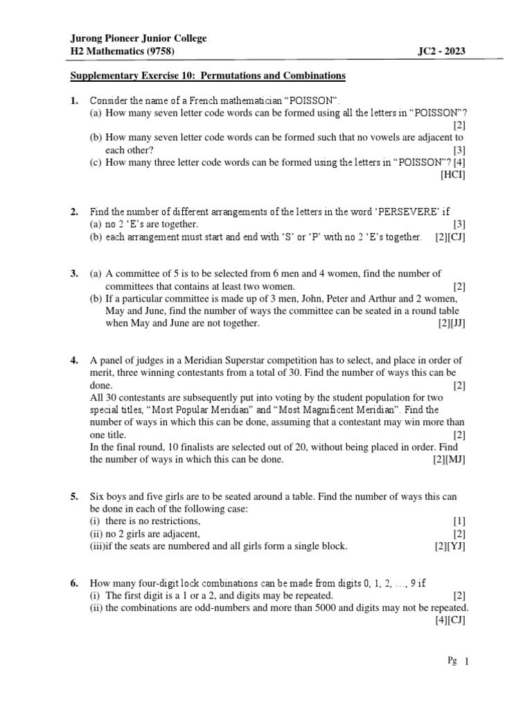 2023 Supplementary Exercise 10 Permutations and Combinations (Questions) | PDF