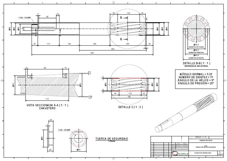 Plano Eje de Reductor de Velocidades - Tambor Secador | PDF | Cinemática | Ingeniería mecánica
