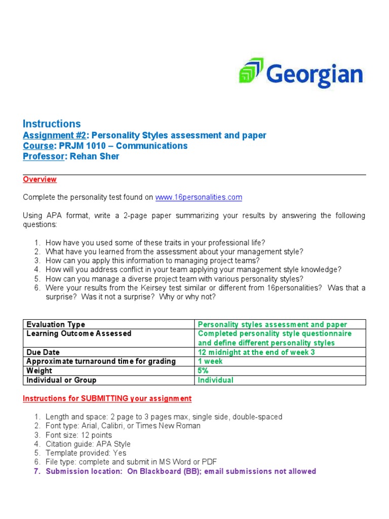 Assignment #2 - Personality Styles Assessment and Paper (Instructions ...
