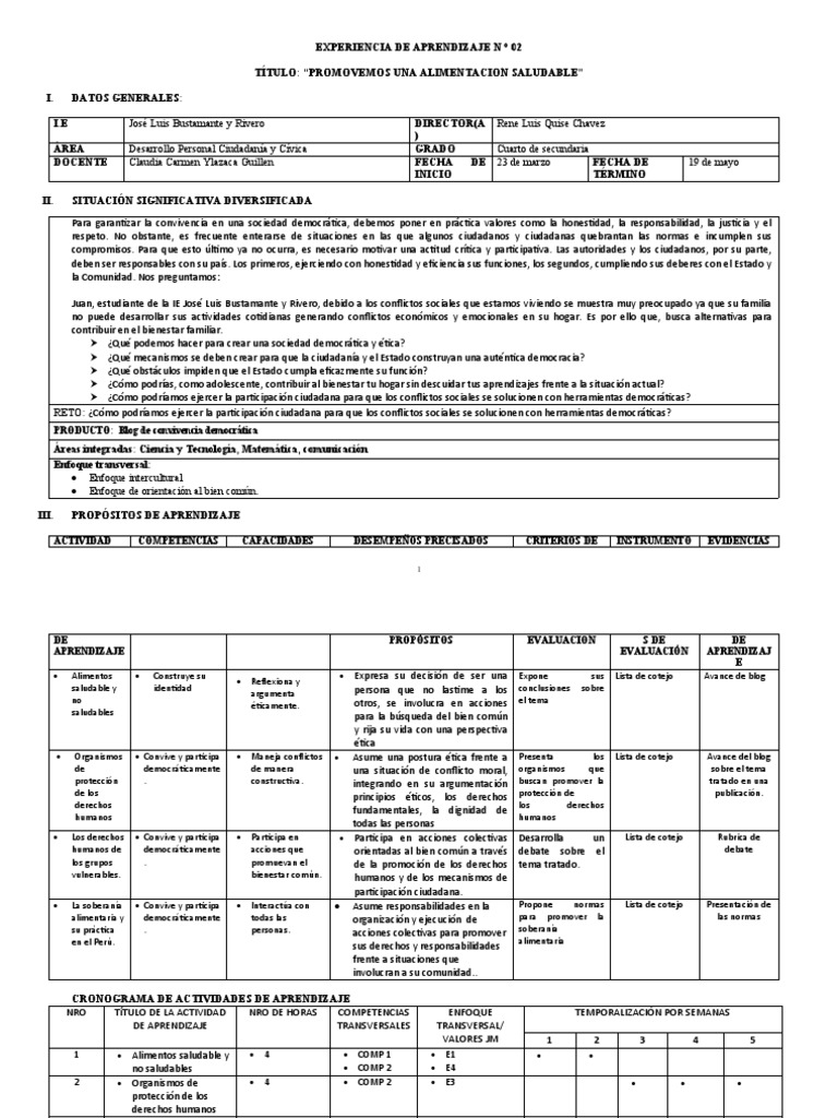 EXPERIENCIA DE APRENDIZAJE - 02 - 4TO - 2023 - DPCC | PDF