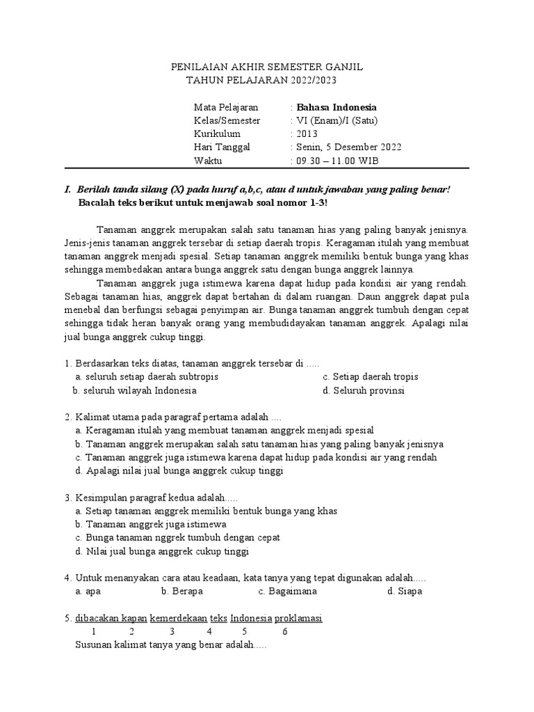 Soal Pas B. Indonesia Semester Ganjil | PDF