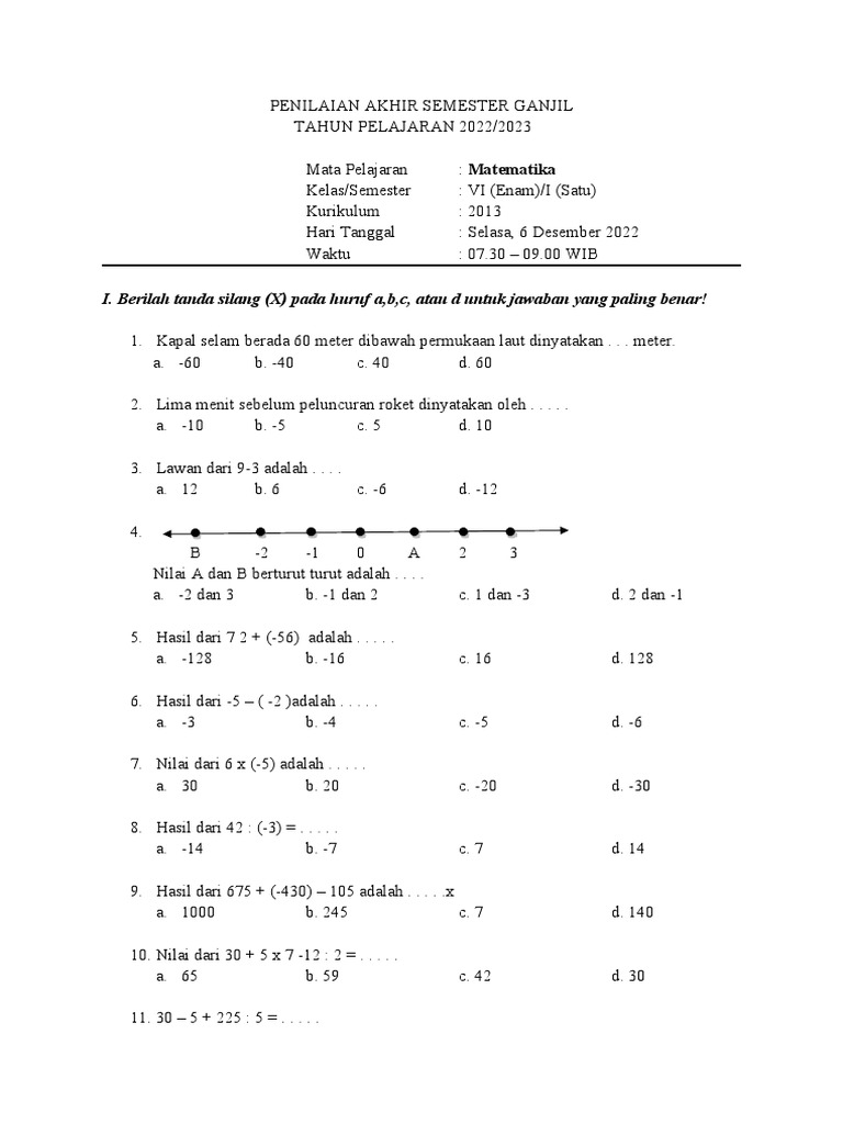 Soal Pas Matematika Semester Ganjil | PDF